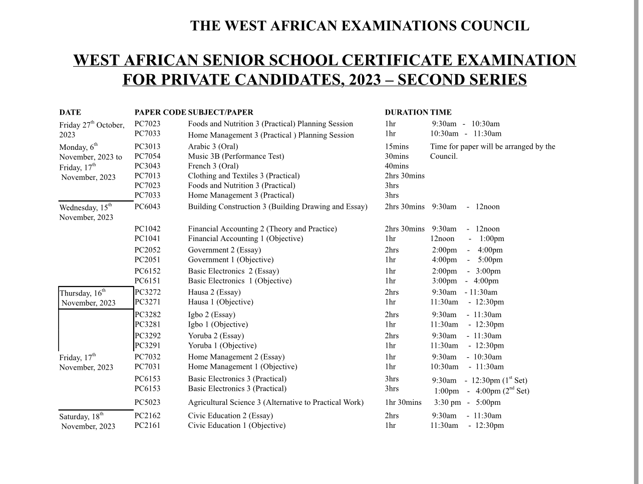 WAEC GCE 2nd Series 2023 Examination Timetable – Legit/Best 2023 Jamb ...
